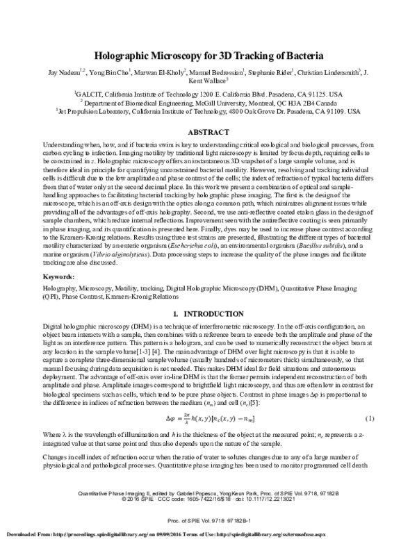 (PDF) Holographic microscopy for 3D tracking of bacteria