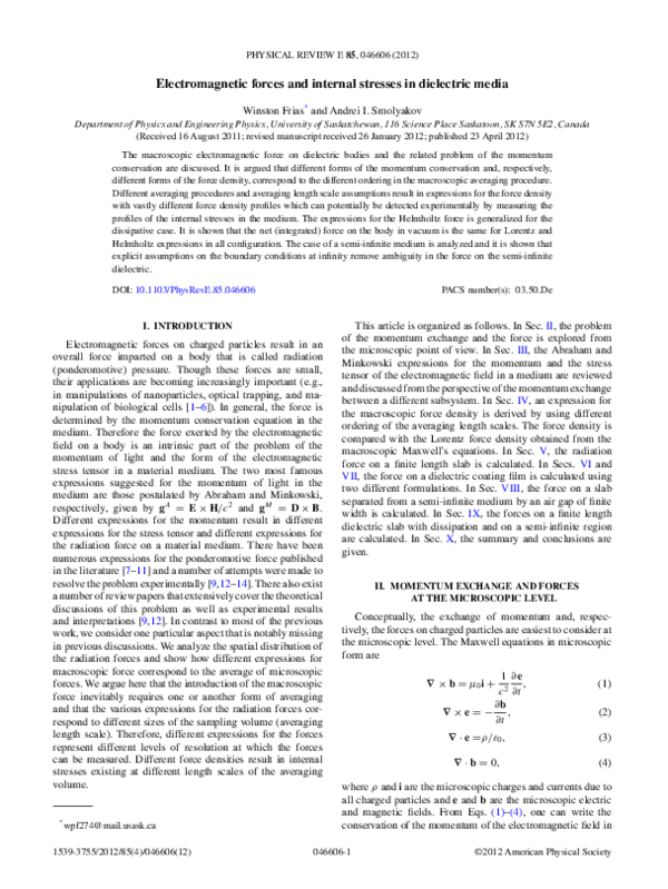 (PDF) Electromagnetic forces and internal stresses in dielectric media