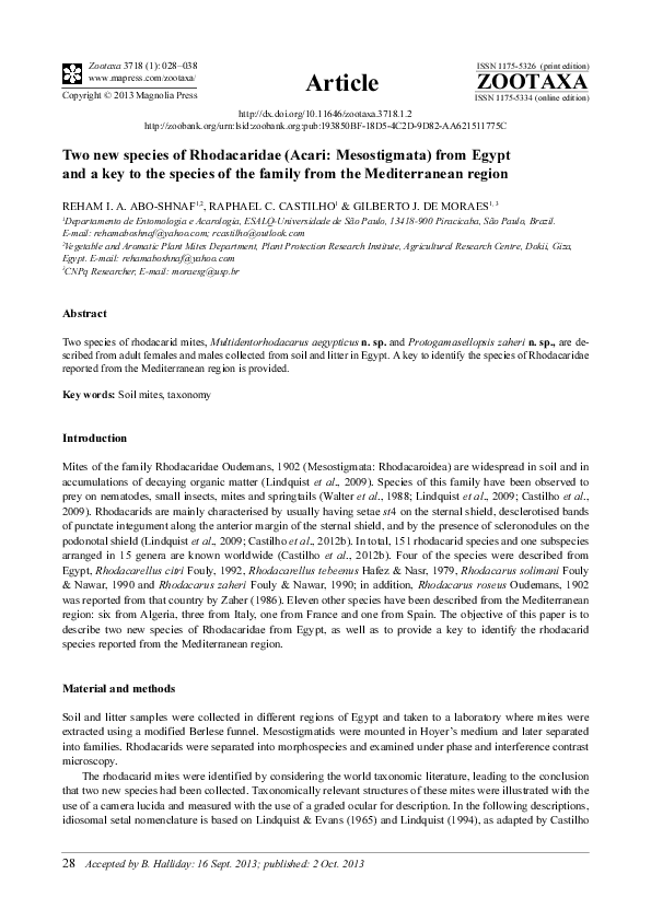 (PDF) Two new species of Rhodacaridae (Acari: Mesostigmata) from Egypt ...