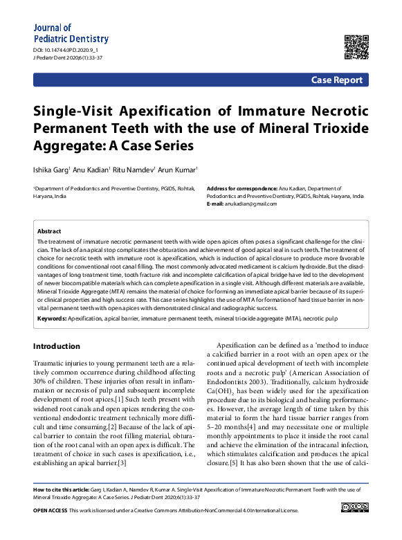 (PDF) Single-Visit Apexification of Immature Teeth Using MTA