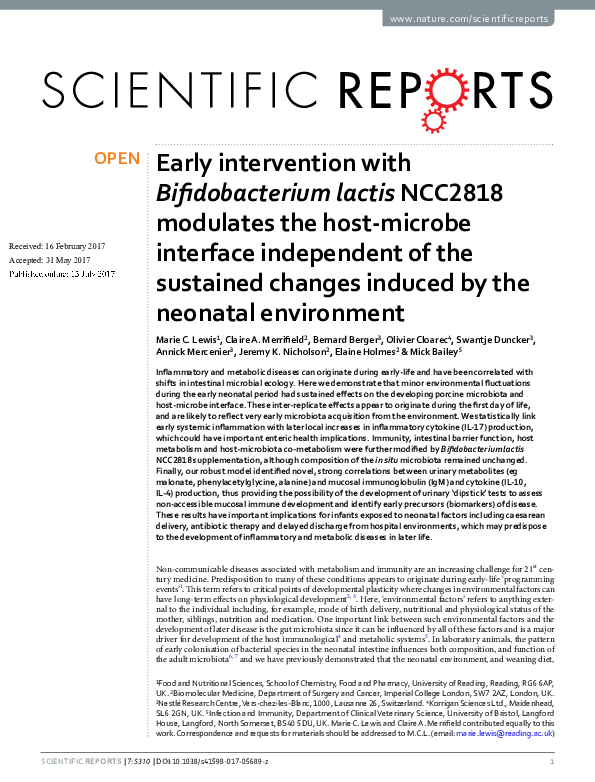 (PDF) Early intervention with Bifidobacterium lactis NCC2818 modulates ...