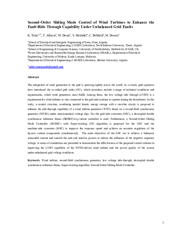 Pdf Second‐order Sliding Mode Control Of Wind Turbines To Enhance The Fault‐ride Through
