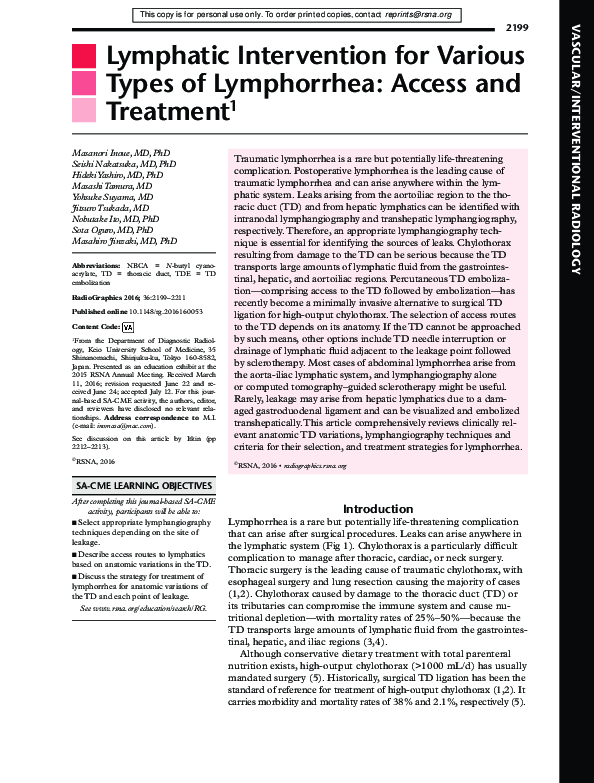 (PDF) Lymphatic Intervention for Various Types of Lymphorrhea: Access ...