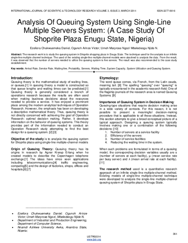 (PDF) Queuing Analysis at Shoprite Enugu: Five Servers
