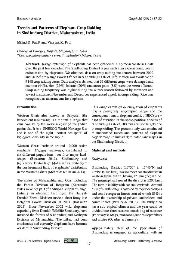 (PDF) Trends and Patterns of Elephant Crop Raiding in Sindhudurg ...