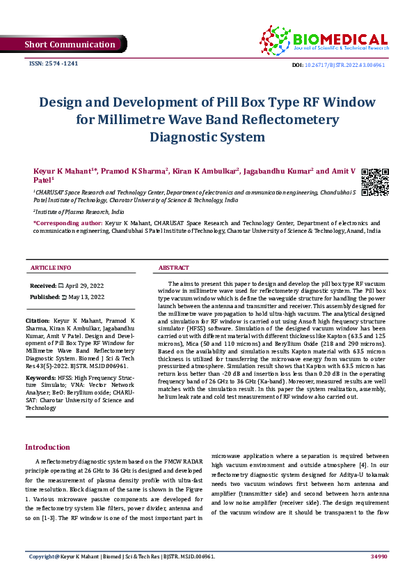 (PDF) Design and Development of Pill Box Type RF Window for Millimetre ...