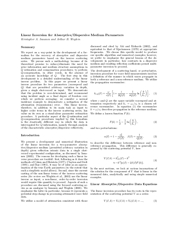 (PDF) Linear inversion for absorptive/dispersive medium parameters