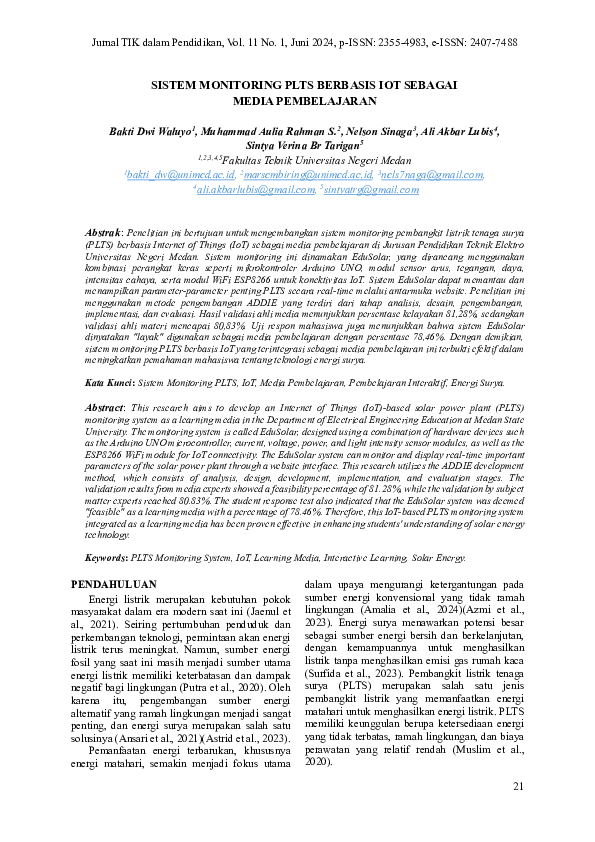 (PDF) Sistem Monitoring PLTS Berbasis Iot Sebagai Media Pembelajaran