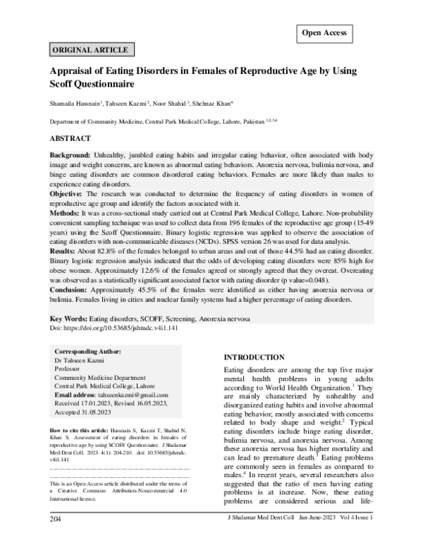 (PDF) Assessment of Eating disorders in females of reproductive age by ...
