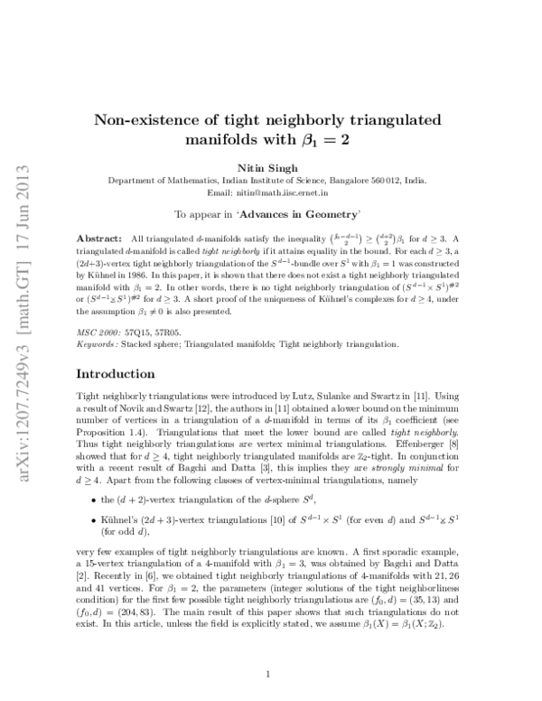 (PDF) Non-existence of tight neighborly manifolds with $\beta_1=2$