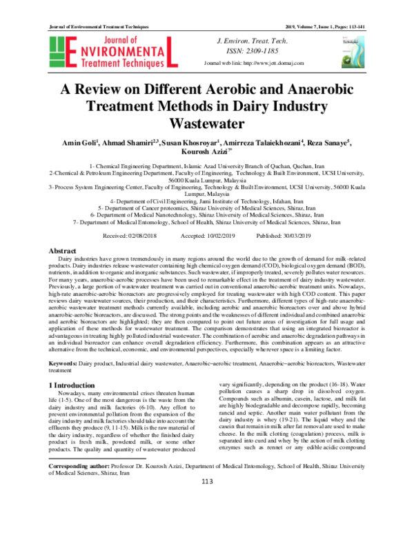 (PDF) A Review on Different Aerobic and Anaerobic Treatment Methods in Dairy Industry Wastewater