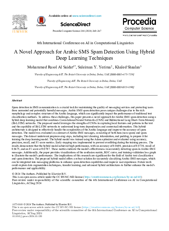 Pdf A Novel Approach For Arabic Sms Spam Detection Using Hybrid Deep