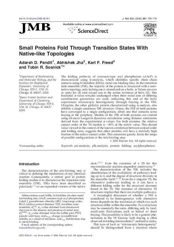 (PDF) Small Proteins Fold Through Transition States With Native-like ...