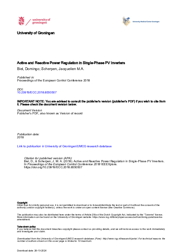 (PDF) Active and reactive power regulation in single-phase PV inverters