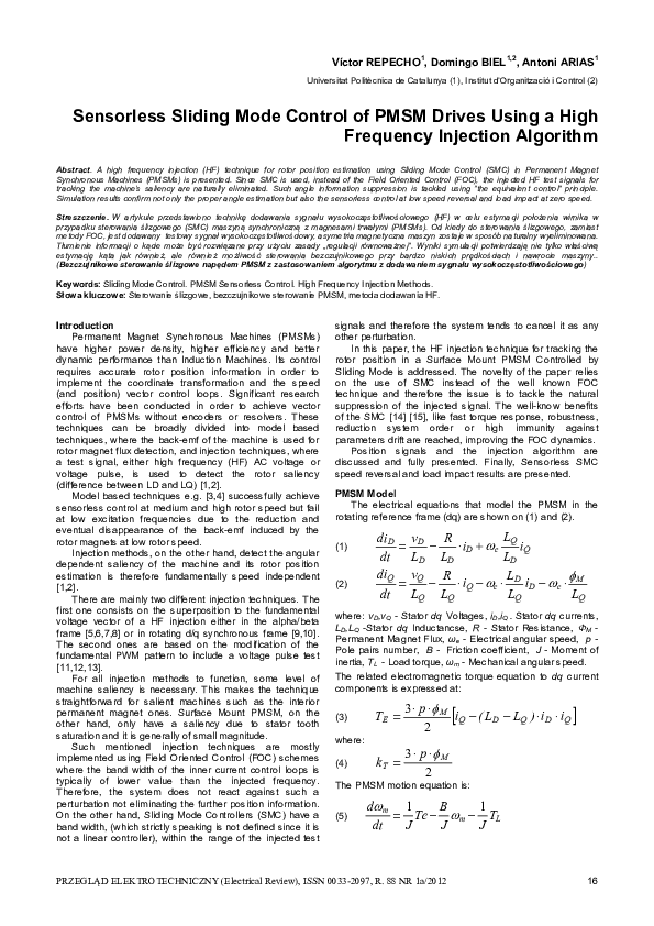 (PDF) Sensorless Sliding Mode Control of PMSM Drives Using a High ...