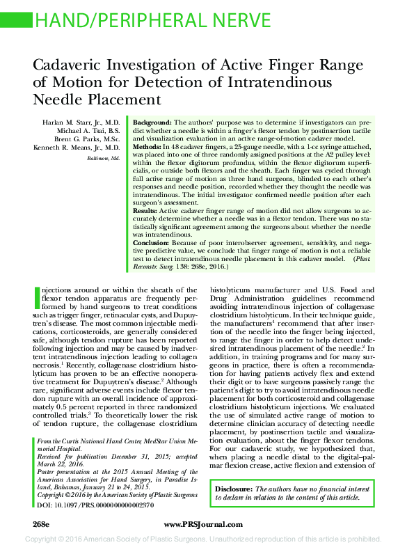 (PDF) Cadaveric Investigation of Active Finger Range of Motion for ...