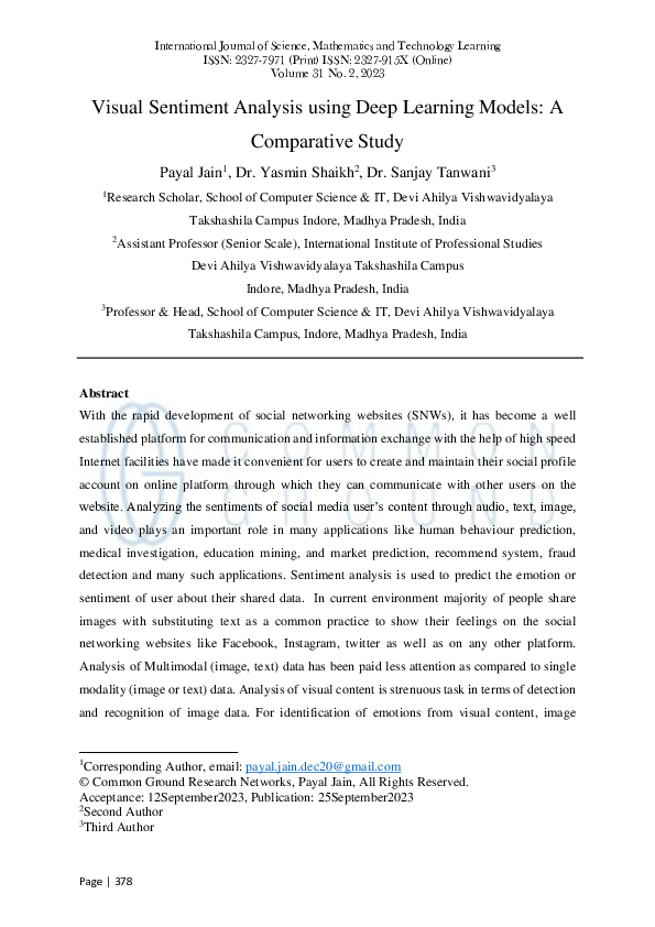 (PDF) Visual Sentiment Analysis using Deep Learning Models: A Comparative Study