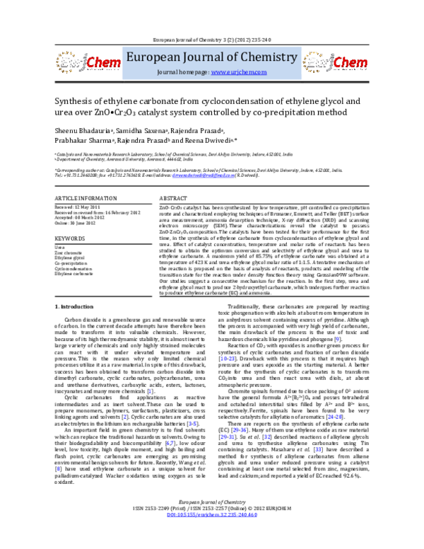 (PDF) Synthesis of ethylene carbonate from cyclocondensation of ethylene glycol and urea over ...