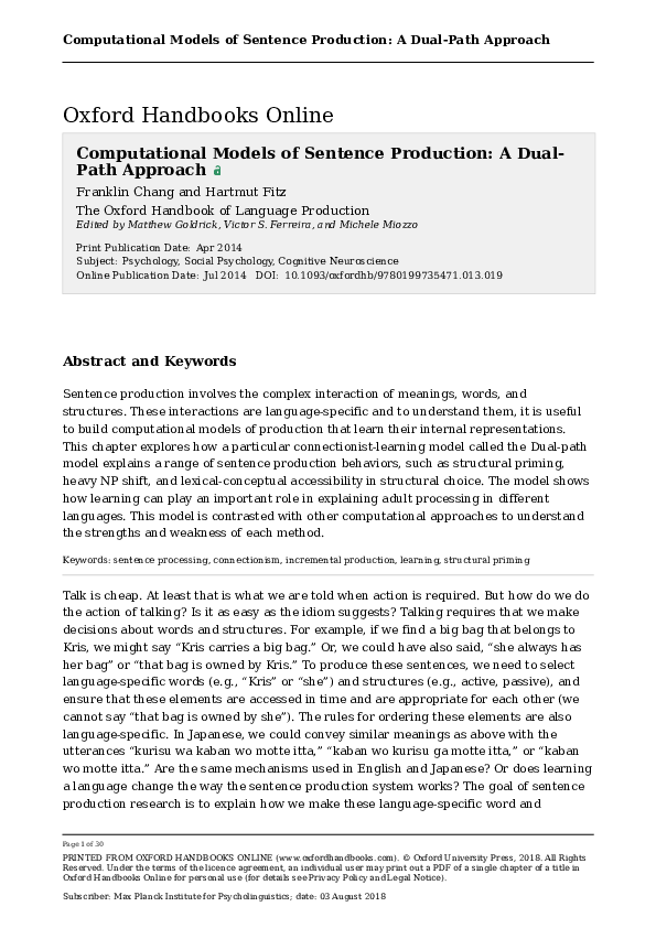 Pdf Computational Models Of Sentence Production A Dual Path Approach
