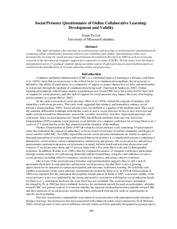 (PDF) Social Presence Questionnaire of Online Collaborative Learning: Development and Validity