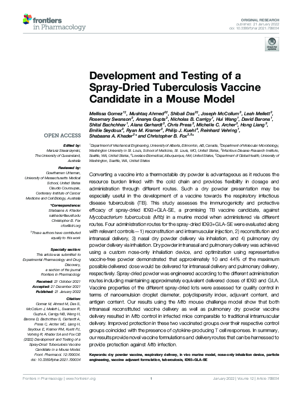(PDF) Development and Testing of a Spray-Dried Tuberculosis Vaccine ...
