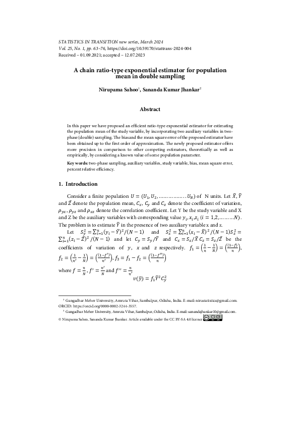Pdf A Chain Ratio Type Exponential Estimator For Population Mean In Double Sampling