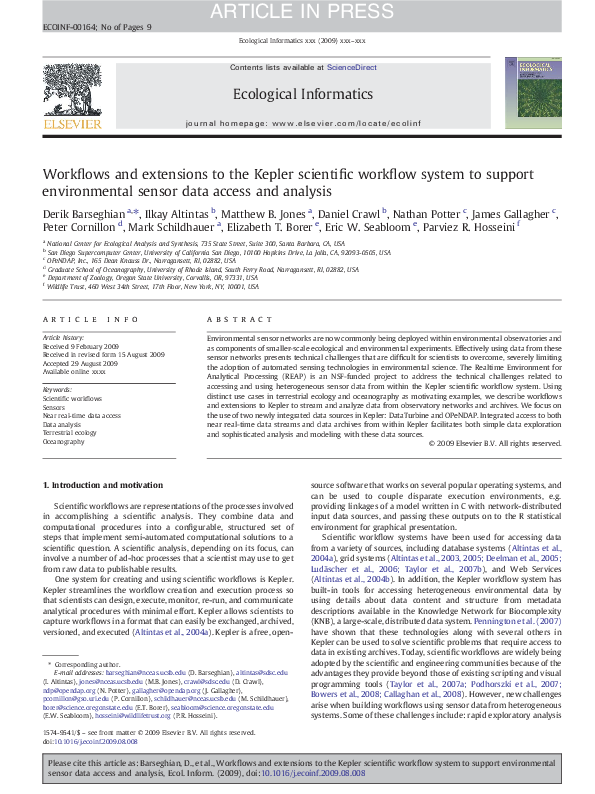 (PDF) Workflows and extensions to the Kepler scientific workflow system to support environmental ...