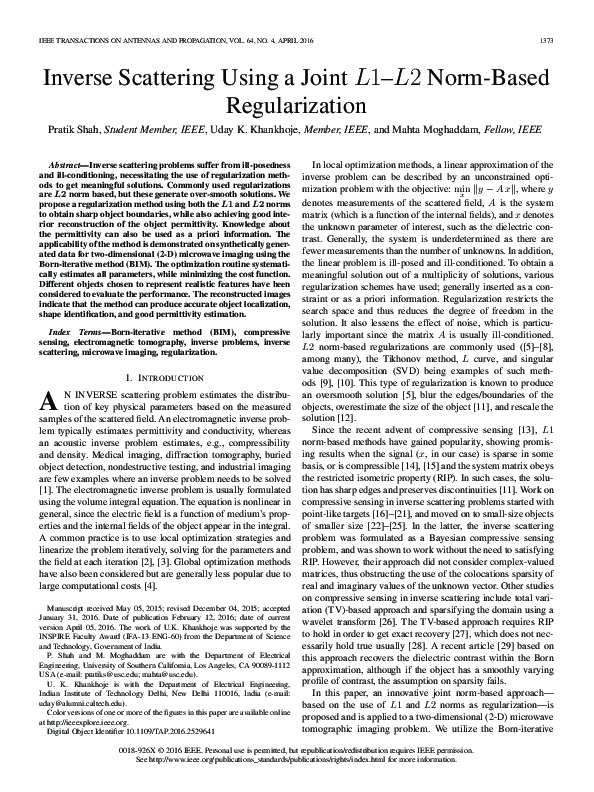 (PDF) Inverse Scattering Using a Joint Norm-Based Regularization
