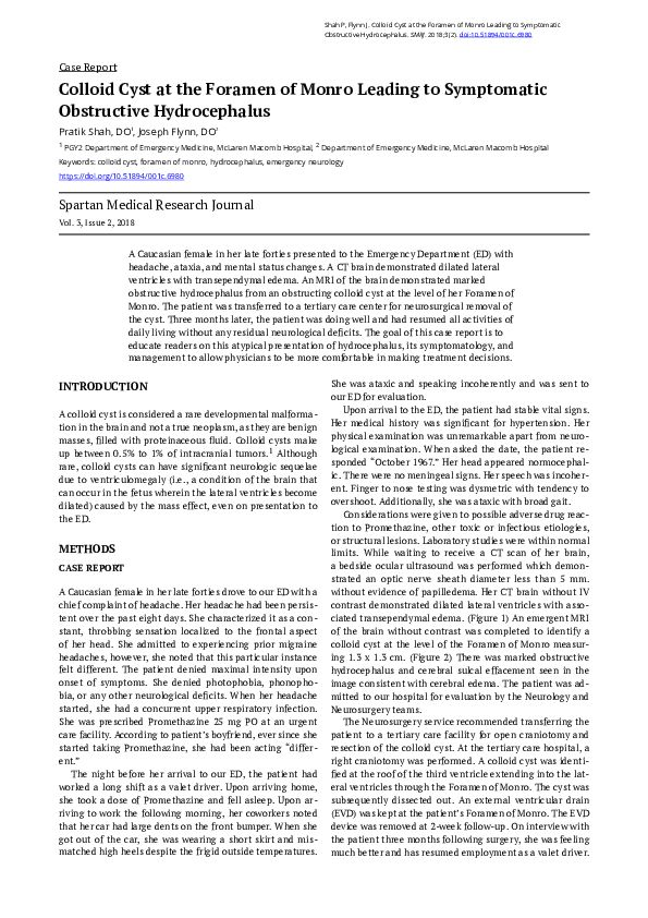 (PDF) Colloid Cyst at the Foramen of Monro Leading to Symptomatic ...