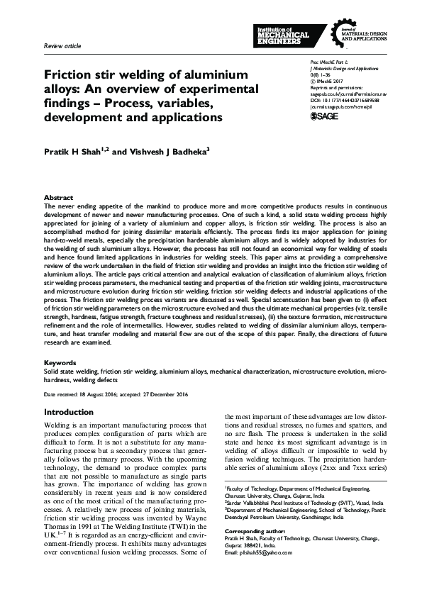 (PDF) Friction stir welding of aluminium alloys: An overview of experimental findings – Process ...