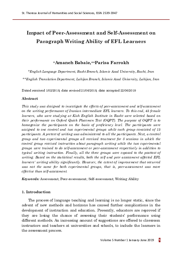 (PDF) The Impact of Peer-Assessment and Self-Assessment on Paragraph ...