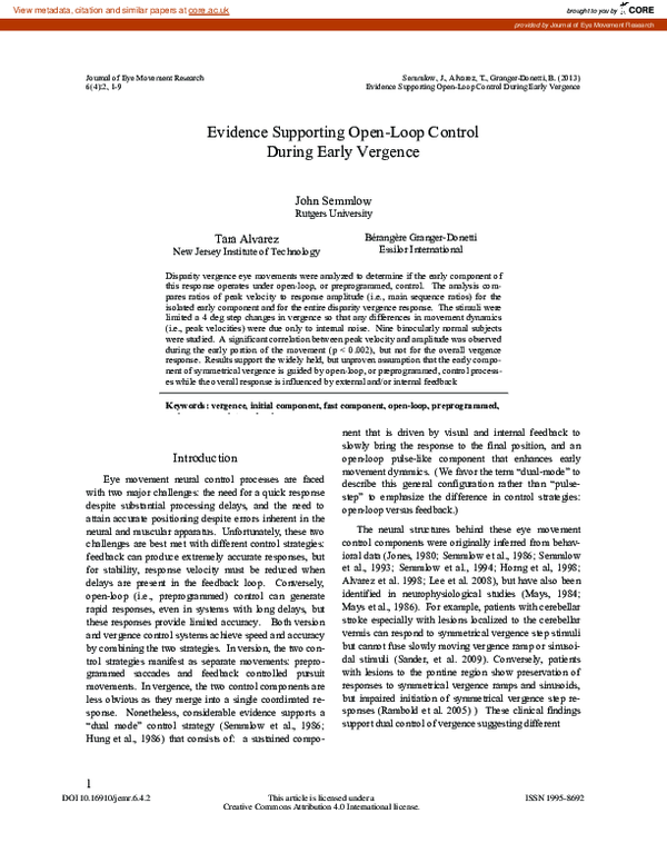 (PDF) Evidence Supporting Open-Loop Control During Early Vergence ...