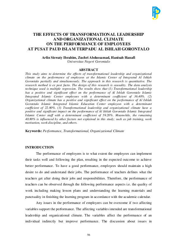 (PDF) The Effects of Transformational Leadership and Organizational Climate on the Performance ...