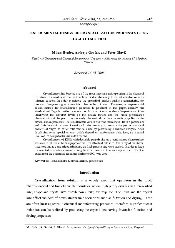 (PDF) Experimental Design of Crystallization Processes Using Taguchi Method