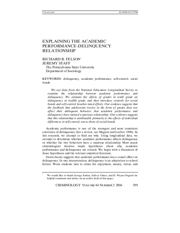 (PDF) Explaining the Academic Performance-Delinquency Relationship*