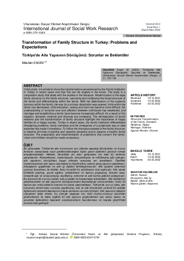 (PDF) Transformation of Family Structure in Turkey: Problems and ...