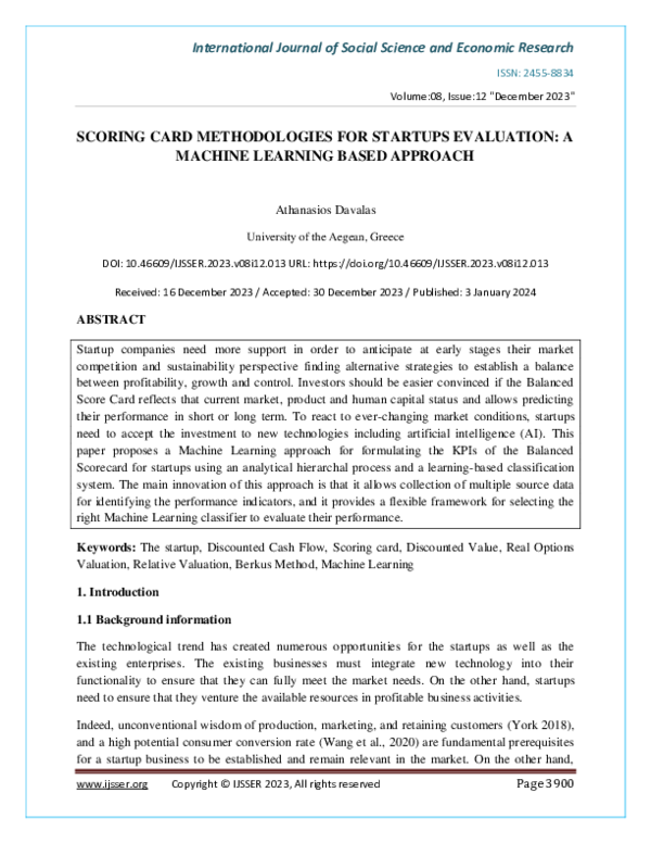 (PDF) Scoring Card Methodologies for Startups Evaluation: A Machine Learning Based Approach