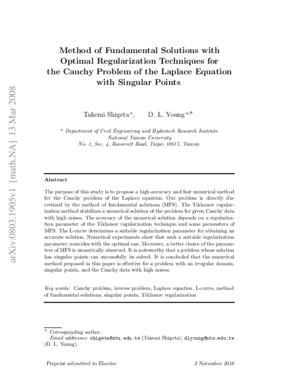 (PDF) Method of fundamental solutions with optimal regularization techniques for the Cauchy ...
