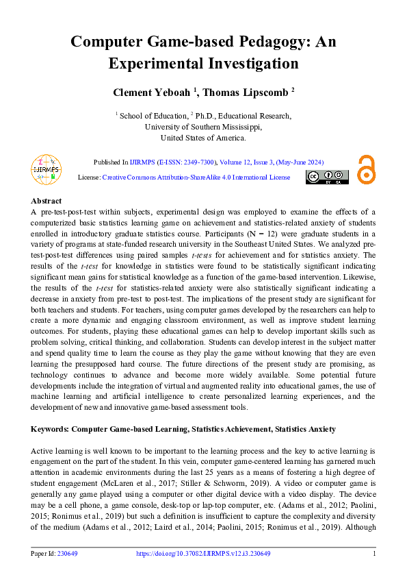 (PDF) Computer Game-based Pedagogy: An Experimental Investigation