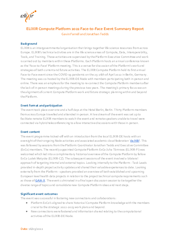 (PDF) ELIXIR Compute Platform 2022 Face-to-Face Event Summary Report