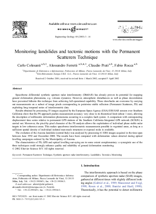 (PDF) Monitoring landslides and tectonic motions with the Permanent Scatterers Technique