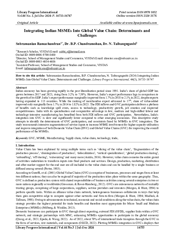 (PDF) Integrating Indian MSMEs Into Global Value Chain: Determinants and Challenges