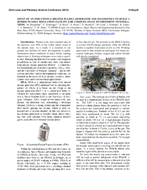 (PDF) Setup of an Inductively-Heated Plasma Generator and Diagnostics ...