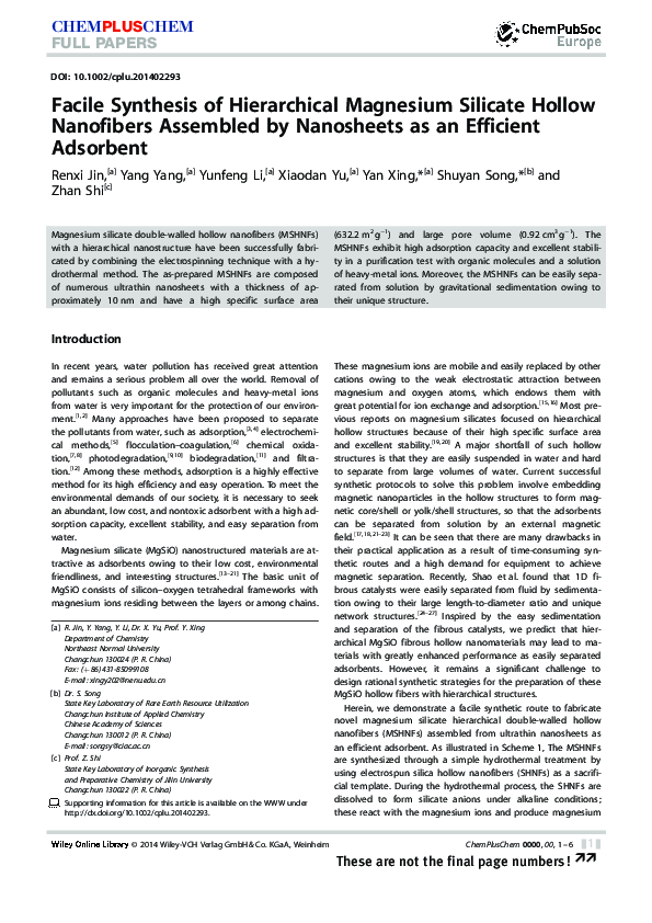 (PDF) Facile Synthesis of Hierarchical Magnesium Silicate Hollow ...