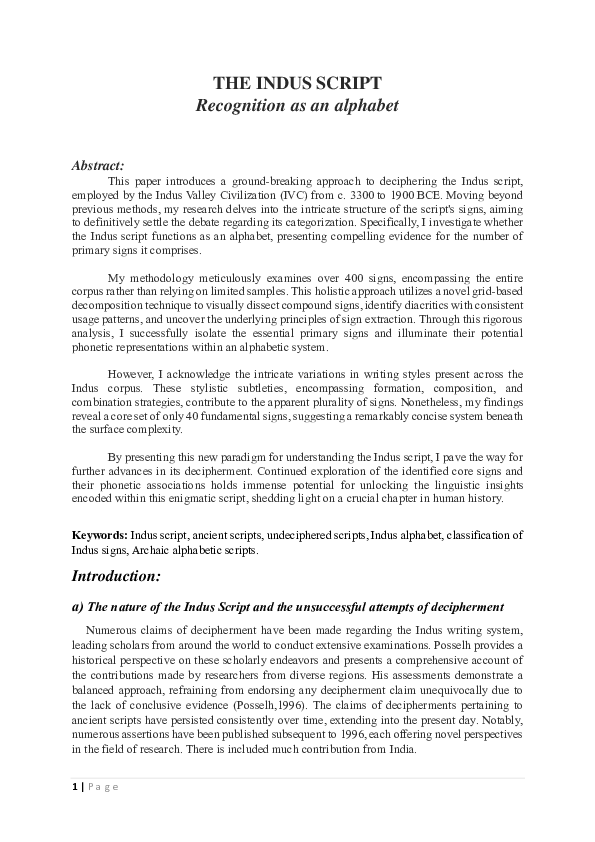 (PDF) THE INDUS SCRIPT Recognition as an alphabet
