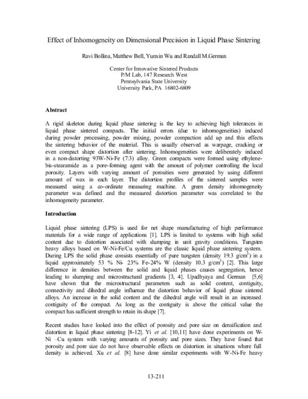 (PDF) Effect of inhomogeneity on dimensional precision in liquid phase sintering