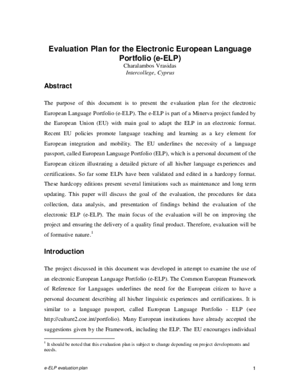 (PDF) e-ELP evaluation plan 1 Evaluation Plan for the Electronic European Language Portfolio (e ...