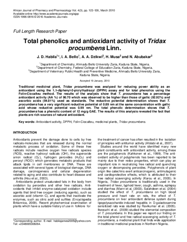 (PDF) Total phenolics and antioxidant activity of Tridax procumbens Linn