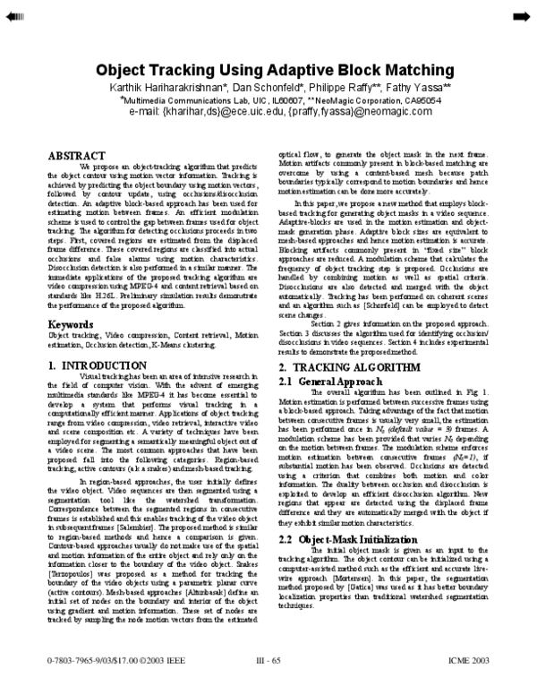 (PDF) Object tracking using adaptive block matching