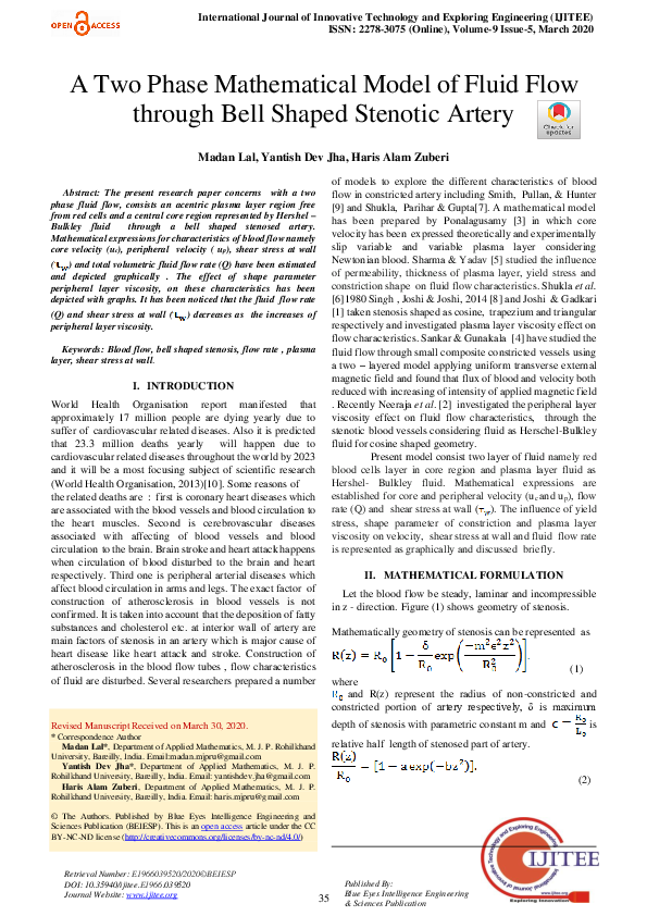 (PDF) A Two Phase Mathematical Model of Fluid Flow through Bell Shaped Stenotic Artery